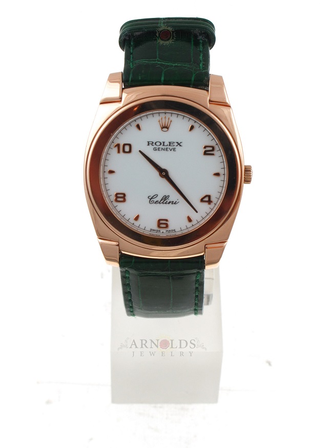 FS: Rolex 18kt Rose Gold Cellini White Arabic Dial On Green Leather ...