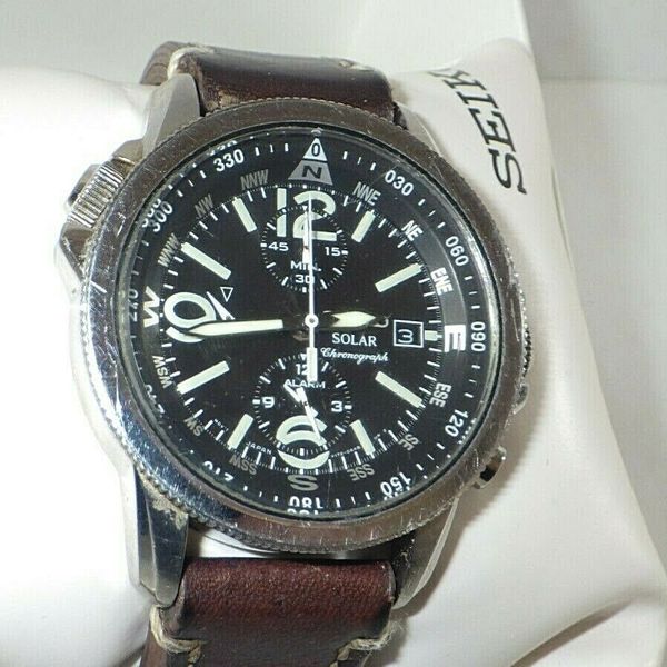 Seiko Men's SSC081 Solar Chronograph SS Watch w/ Black Compass Dial ...