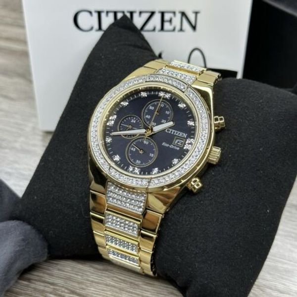 NEWâ CRYSTALSâ Citizen Eco-Drive Black Dial Diamond Markers Mens Watch ...