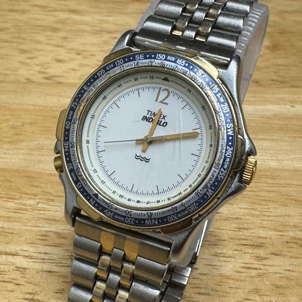 VTG Timex Quartz Watch Indiglo Men Silver Blue Rotating Bezel Analog ...