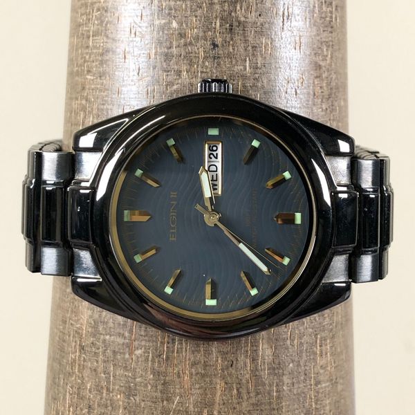 Elgin II Men FCT012 Day Date Black Expansion Quartz 36mm Watch 6 3/4 ...