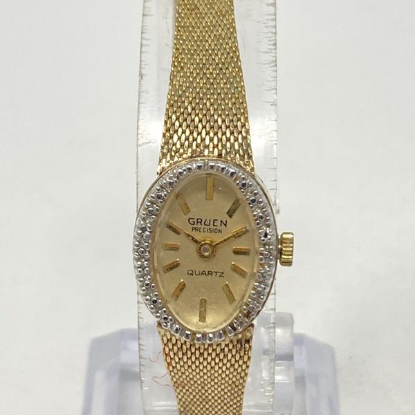Vtg Gruen Precision Diamond Watch Women 15mm Gold Tone FOR PARTS REPAIR ...