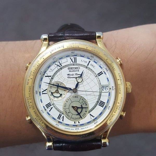 SOLD Seiko Age of Discovery World Time quartz chronograph 6M15 ...
