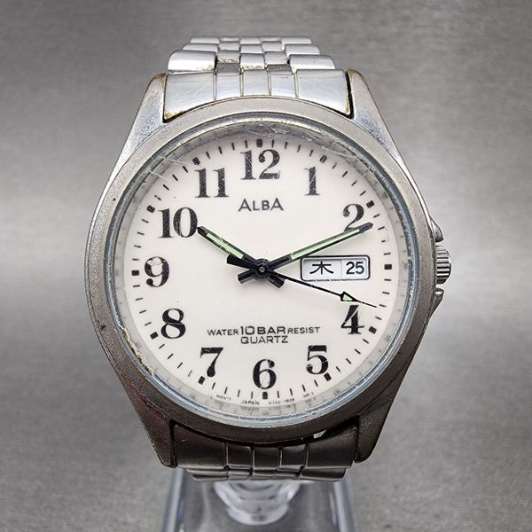 Seiko Alba Watch Men 35mm Luminous Dial Silver Tone Daydate Round New ...