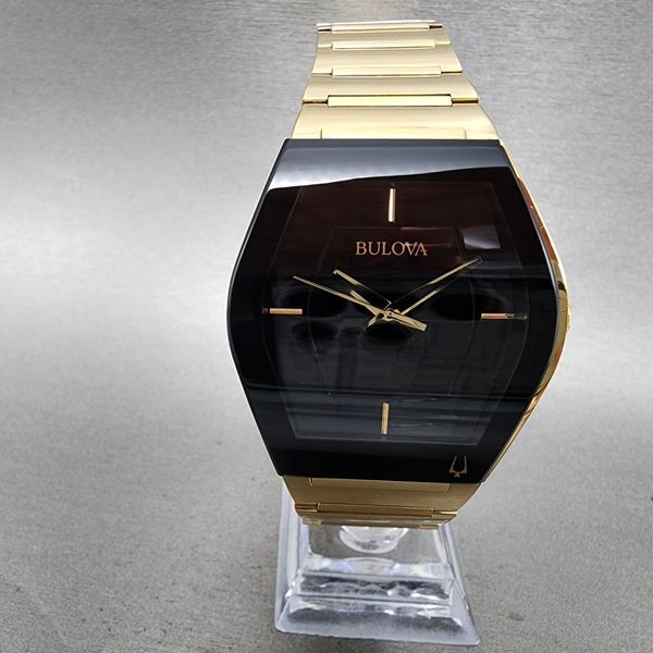 Bulova Gemini Watch Men 40mm Black Dial Gold Tone Tonneau 97A164 ...