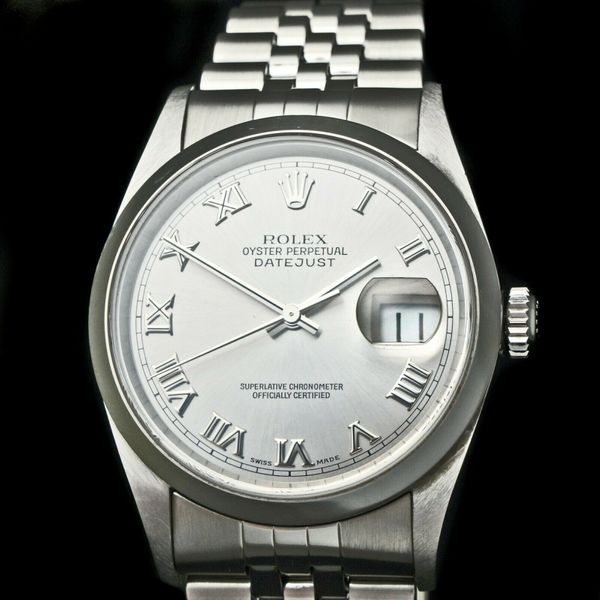 Rolex 16200 Datejust Man's Rhodium Roman Dial 36mm No Holes Watch, Box ...