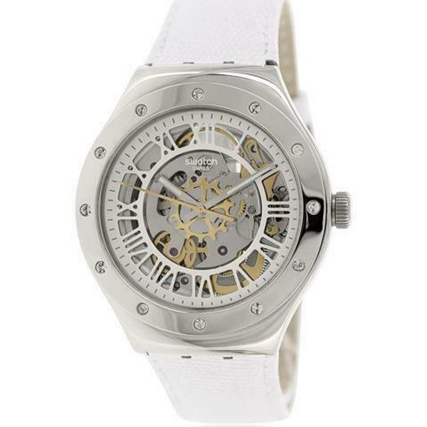 New Swatch YAS109 Irony Medium ROSETTA BIANCA Leather Automatic Watch ...