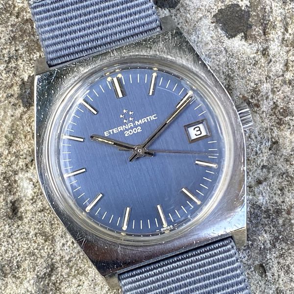 Vintage Eterna-Matic 2002 Automatic 1970s Blue Dial Cushion Case Cal ...