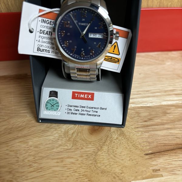 NIB Timex T2M933 Men's Watch Stainless Expansion Band Indiglo Blue Dial ...