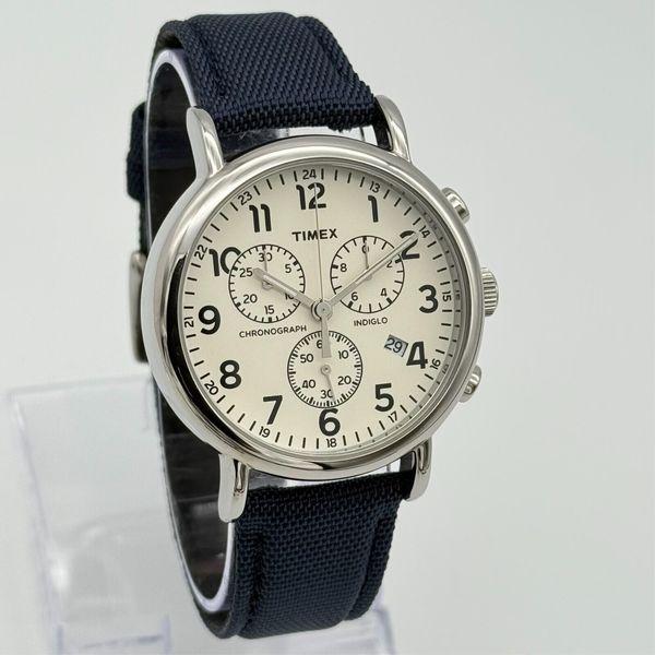 Men's TIMEX Weekender Classic Silver Tone Chronograph Watch, Blue Band ...