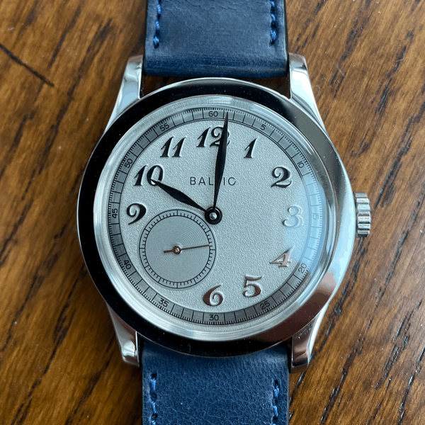 [$525 USD] Baltic MR01 - Silver - with navy blue leather strap, full ...