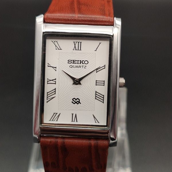 Seiko Slim Quartz WHITE FACE ROMAN FIGURE BROWN BAND JAPAN MADE Men ...