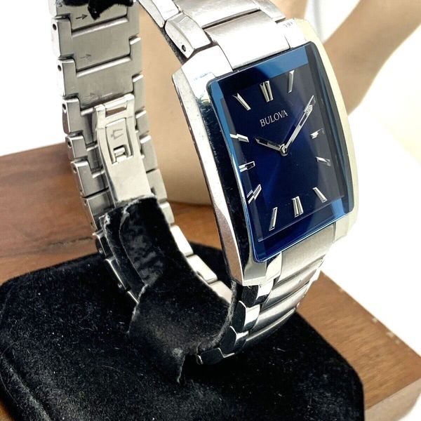 Bulova Men's Watch 96A169 Quartz Blue Dial Rectangle Silver Stainless ...