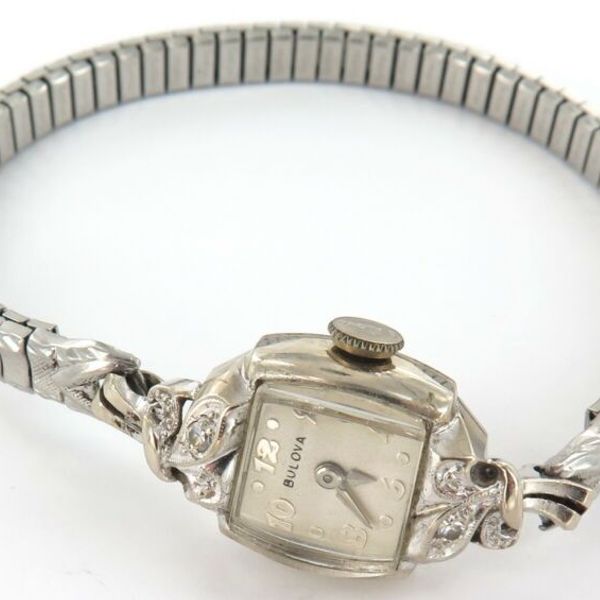 14K WHITE GOLD & 2 DIAMONDS 1953 L3 BULOVA 21J 5AD LADIES WATCH ...