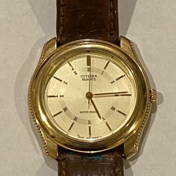 Vintage 1990s Menâ s Round Citizen Quartz Watch Gold w/Brown Band Made ...