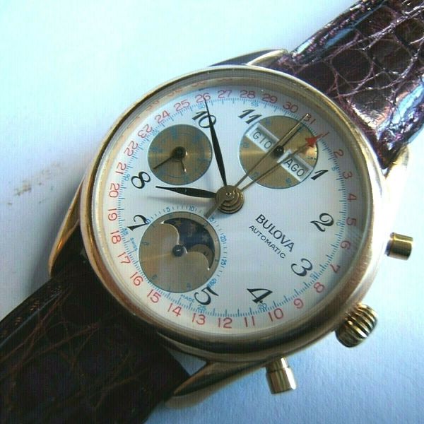 RARE BULOVA TRIPLE DATE MOON PHASE AUTOMATIC CHRONOGRAPH 25J VALJOUX ...