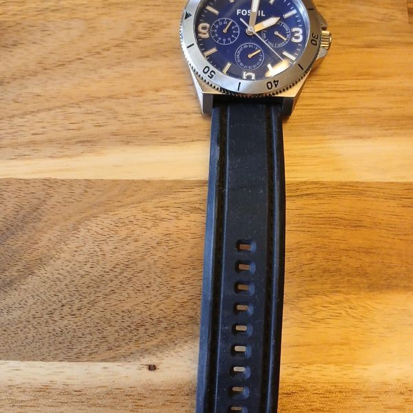 Fossil Watch Men Silver Tone Blue Dial Day Date Black Rubber Strap ...