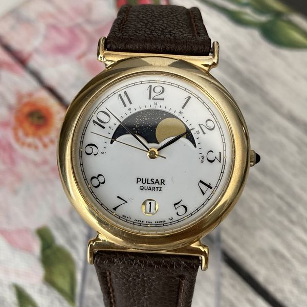 Pulsar Watch Seiko Mens Vintage Moon Phase Date White Dial Gold Plated ...