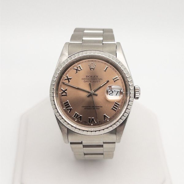 $14,000 ROLEX 16220 DATEJUST COPPER PINK DIAL 18k White Gold SS Mens ...