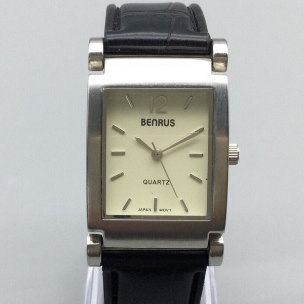 Vintage Benrus Tank Watch Women 26mm Silver Tone Black Leather Band New ...