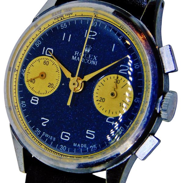 vtg ROLEX Marconi chronograph blue dial 18k gold plate case men watch ...