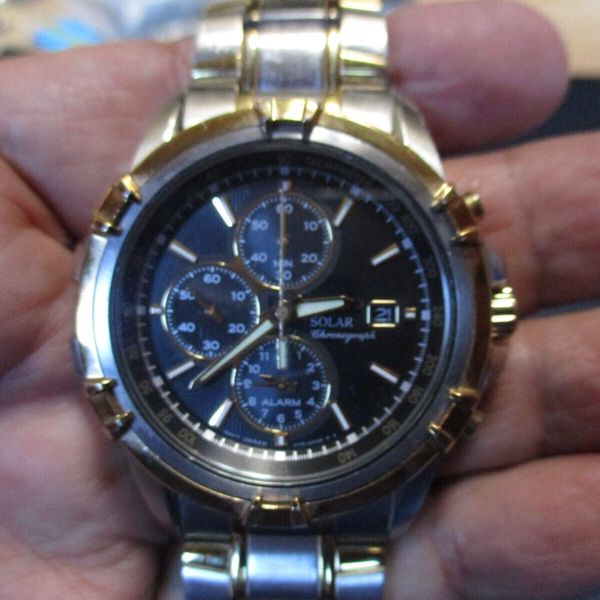 Seiko Men's Solar Chronograph Blue Dial Watch V172-0AJ0 RUNNING Keeps Time | WatchCharts Marketplace