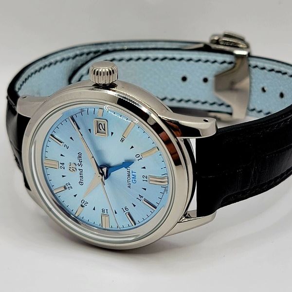 CUSTOM MOD (GRAND SEIKO ELEGANCE GMT) LT BLUE DIAL LEATHER BAND AUTO ...