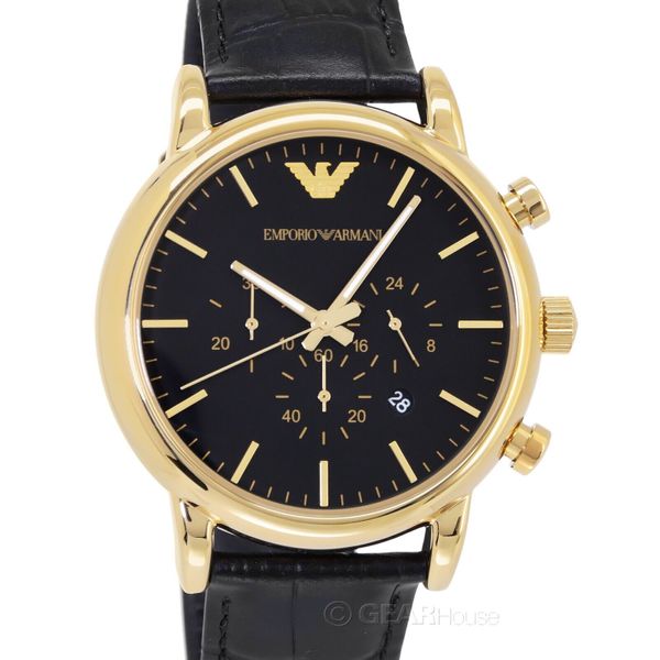 Emporio Armani Mens Gold Chronograph Watch, Black Dial, Croco Leather ...