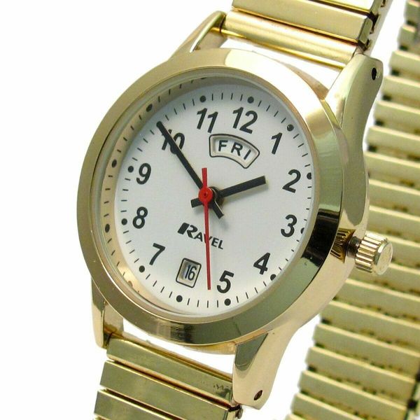 ⌚ Ladies Gold Day Date Expandable Strap Watch by Ravel Bold Easy Read ...