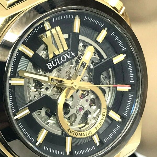 Bulova Men's Automatic 21 Jewels Skeleton Dial Gold Tone S. Steel Watch 98A178 | WatchCharts ...