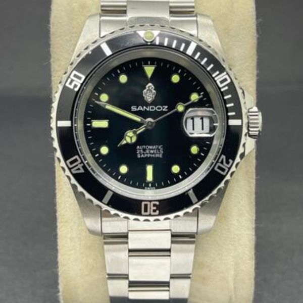 SANDOZ Swiss Made 25Jewel Automatic ETA Dive Watch Men's Black Sapphire ...
