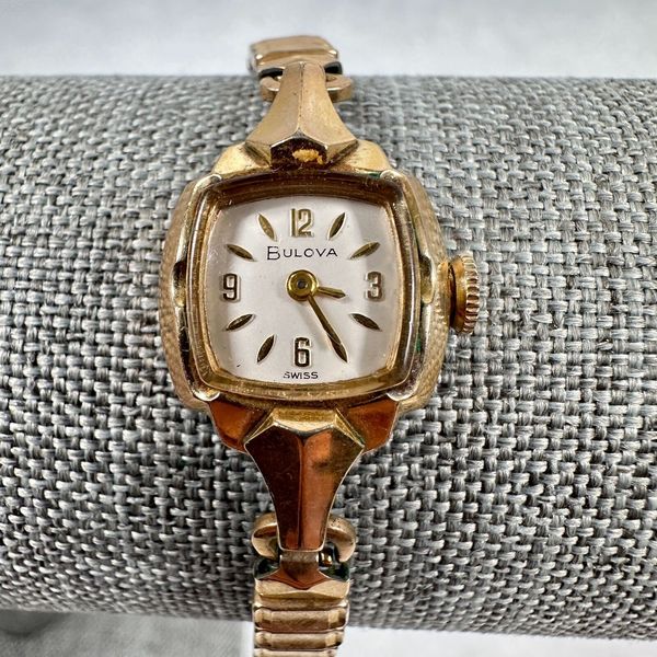 VTG Bulova Watch Womens 16mm Square Gold Plated Clean 17J Manual Wind ...