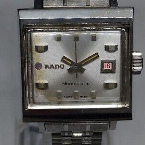 Rado Manhattan Watch Vintage Men 35mm Silver Rectangle Automatic Day ...