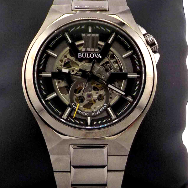 BULOVA BLACK DIAL AUTOMATIC SKELETON STAINLESS STEEL WATCH 98A179 $695. ...