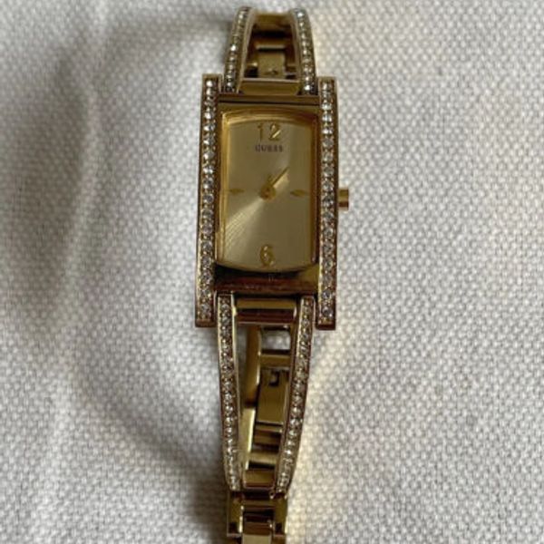 GUESS Stainless Steel Gold Tone Crystals Quartz Rectangle Wrist Watch ...