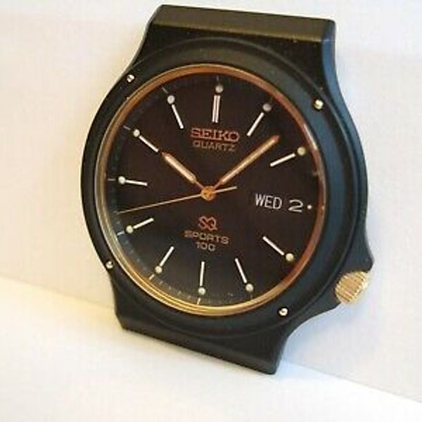 VERY RARE NEW SAMPLE Seiko 6923-7060 SPORTS 100 Black PVD & GOLD CASE ...