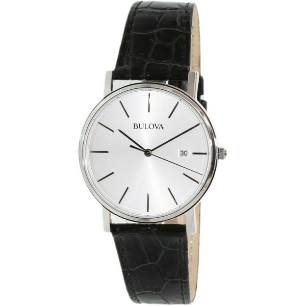 Bulova Men's 96B104 Quartz Silver Dial Black Leather Strap 37mm Watch ...