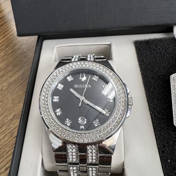 Bulova Crystal Collection Black Dial Silver Steel Strap Mens Watch ...