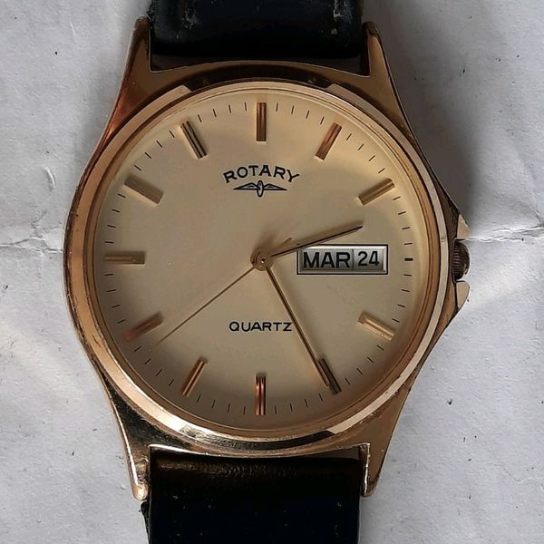 Gents' SWISS ROTARY Day Date Gold Tone Black Leather Strap. New battery ...