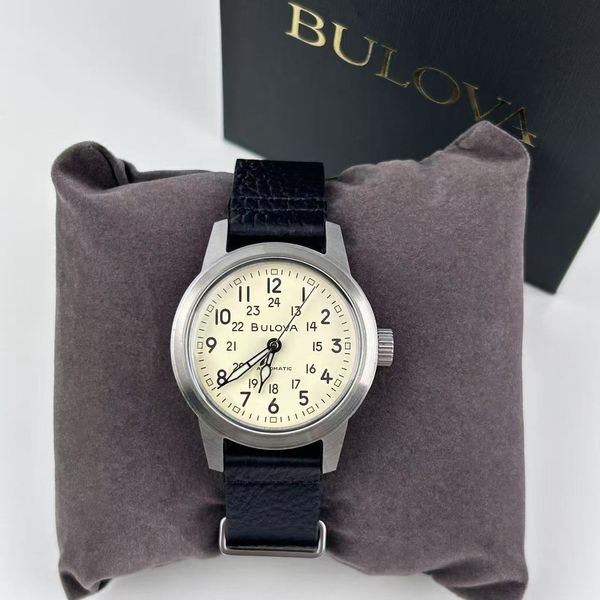 New Bulova Hack 96A246 Men's Automatic Watch Ivory Dial Black Leather ...