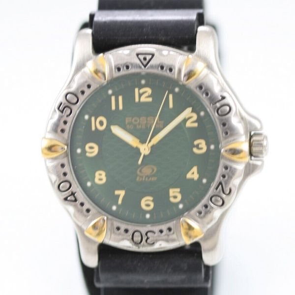 Fossil Blue Men Watch Stainless Silver Gold Steel Rubber Black 50m ...