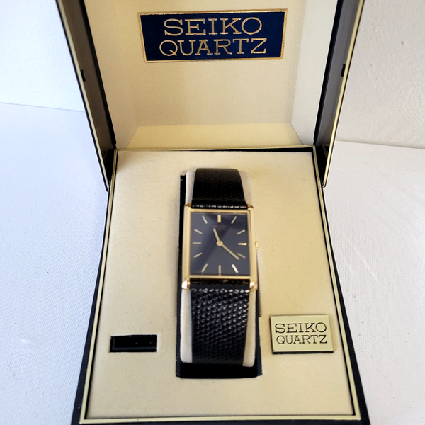 New Vtg Seiko Tank Watch Rare Black Dial Gold Tone Case Leather 5Y30-5069 w/Box | WatchCharts ...