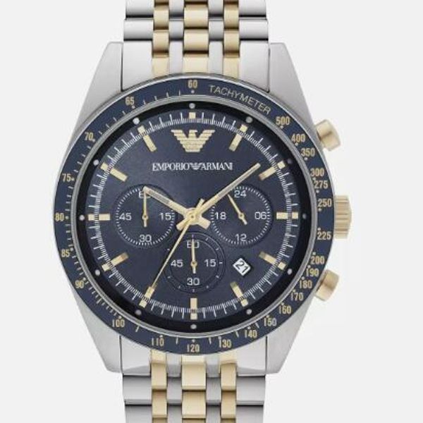 NEW EMPORIO ARMANI AR6088 MEN'S WATCH SILVER GOLD BRACELET & BLUE DIAL ...