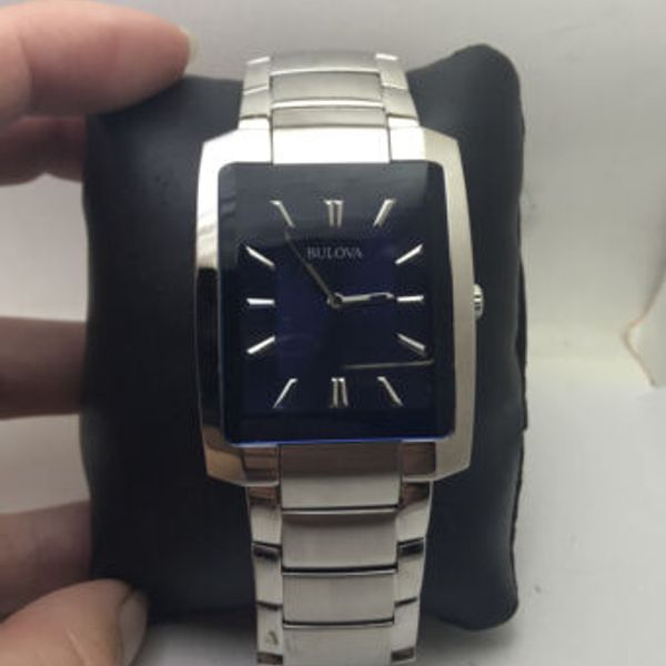 Bulova Men's Quartz Rectangular Silver-Tone Case Blue Dial 35 mm Watch ...