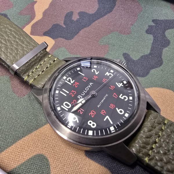 Bulova Hack 38MM Black Dial Military Green Leather Strap Men's Watch ...