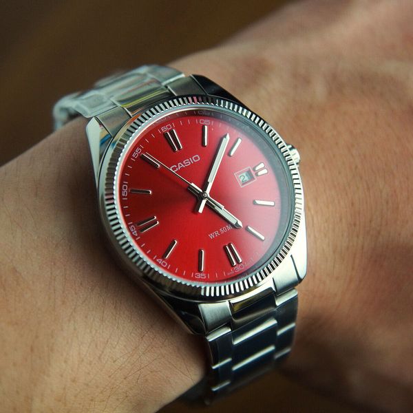 Casio MTP Series Quartz (38.5mm) Cherry Red Sunray Dial MTP-1302PD ...