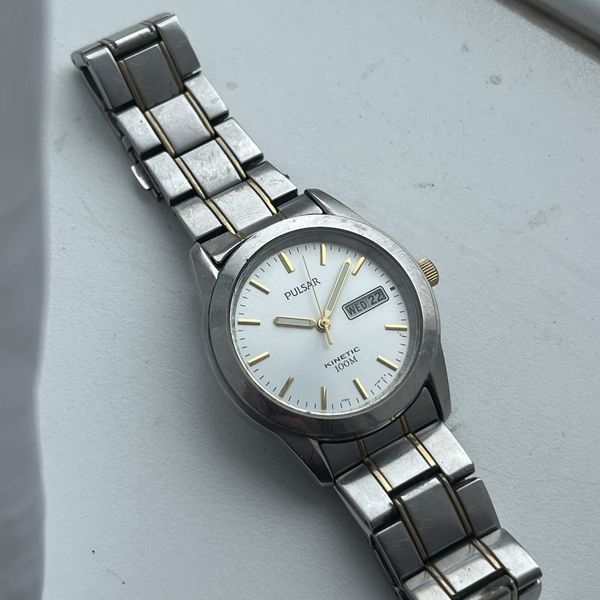 Pulsar (Seiko) Kinetic Menâ s Day Date Watch 100M Silver Gold Vintage ...