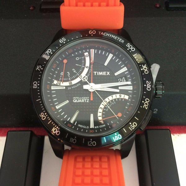 New Timex T2N707 IQ Fly Back Chronograph Watch Orange Silicone / Black ...