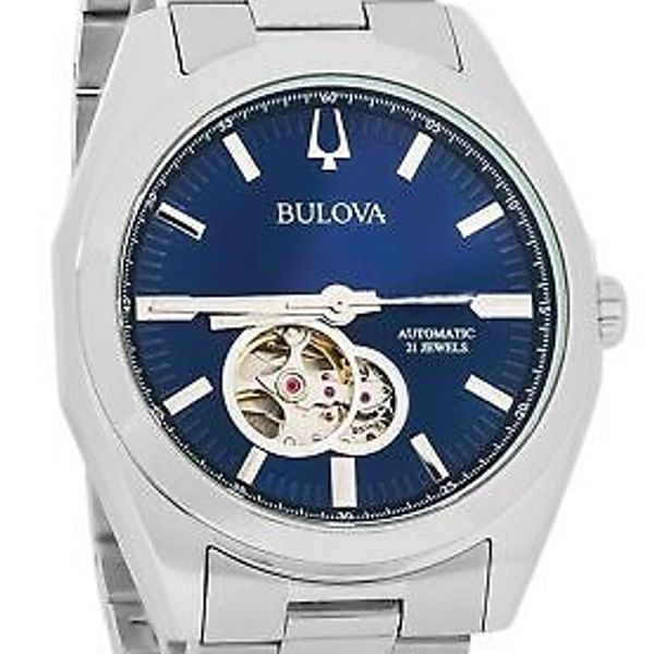 Bulova Classic Surveyor Stainless Steel Blue Open Heart 96A275 Men's ...