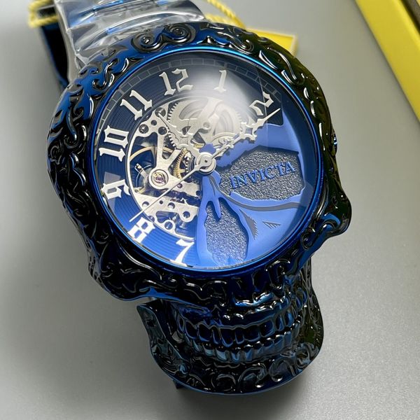 Invicta Artist Skull Automatic Skeletonized Blue Stainless Steel 50mm ...